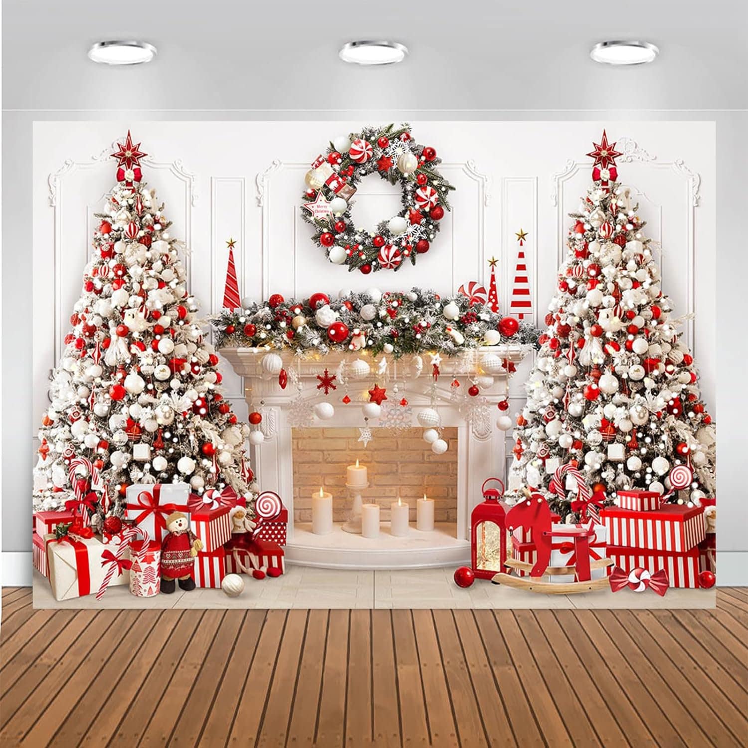 Christmas Fireplace Backdrop, Christmas Red and White Fireplace Family Picture Vinyl Photography ...