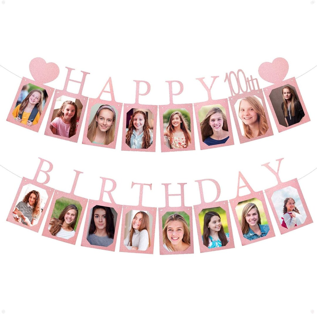 100th Birthday Photo Banner, 100th Birthday Rose Gold Glitter Banner ...