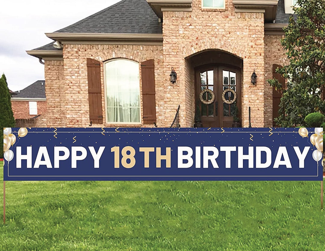 Large 18th Birthday Banner Backdrop Decorations for Boys Navy Blue Gold ...