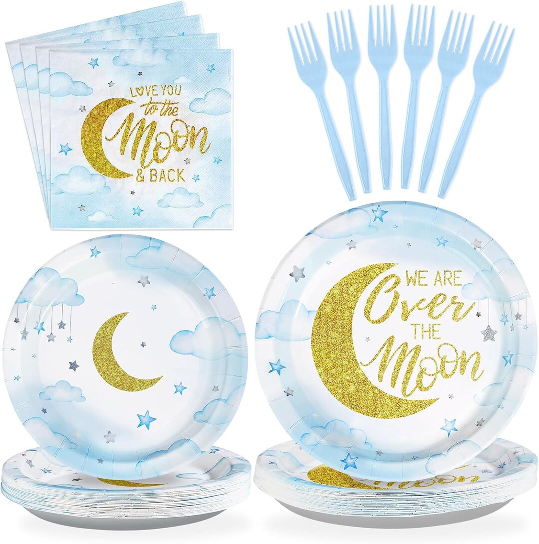 Over the Moon Baby Shower Plates, Napkins, Forks Disposable Tableware ...