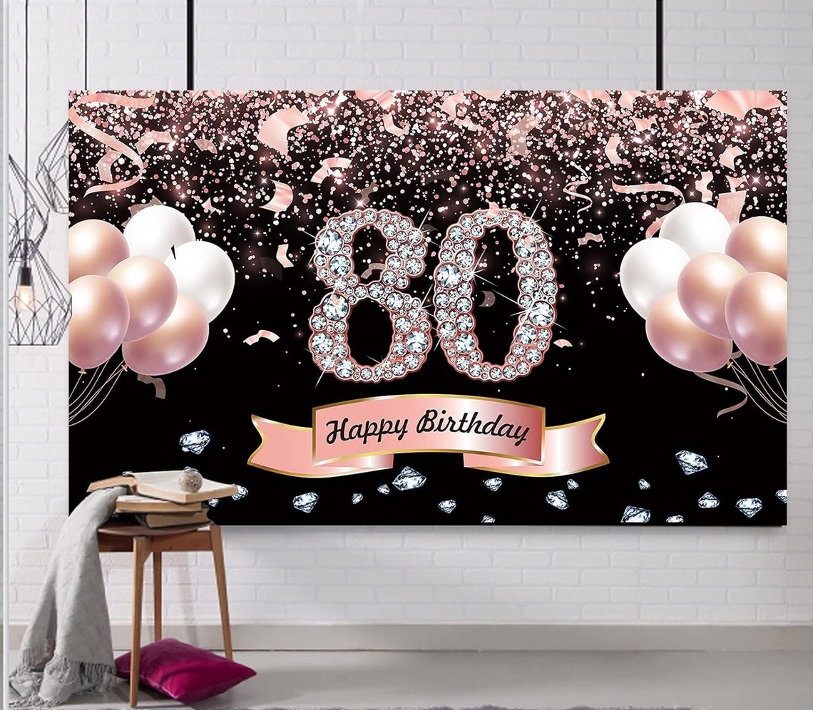 80th Birthday Banner Backdrop Decorations for Women Rose Gold Happy 80 ...