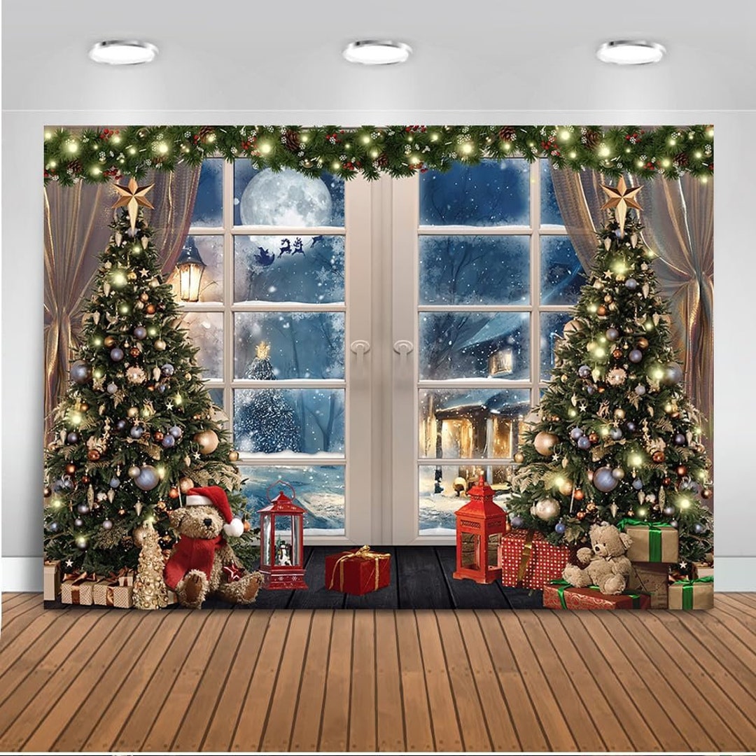 Christmas Window Backdrop, Christmas Trees Wonderland Winter Snow Scene ...