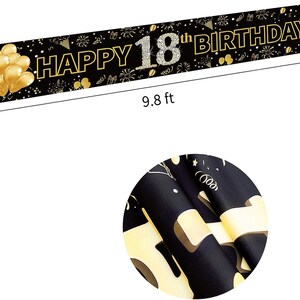 Large 18th Birthday Banner Backdrop Decorations for Girl Boy Black Gold ...