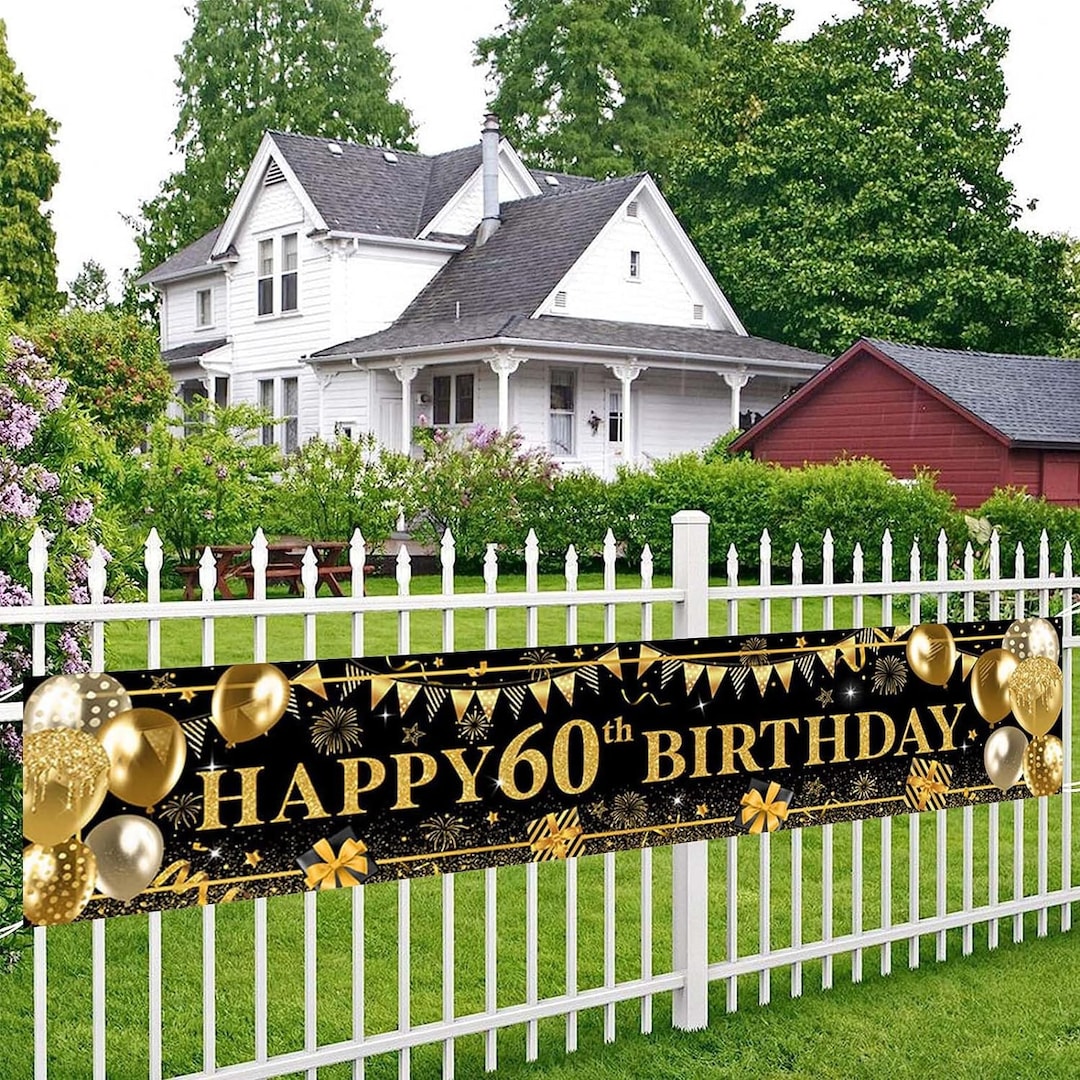 Large 60th Birthday Banner Backdrop Decorations Men Women Black Gold 60 ...