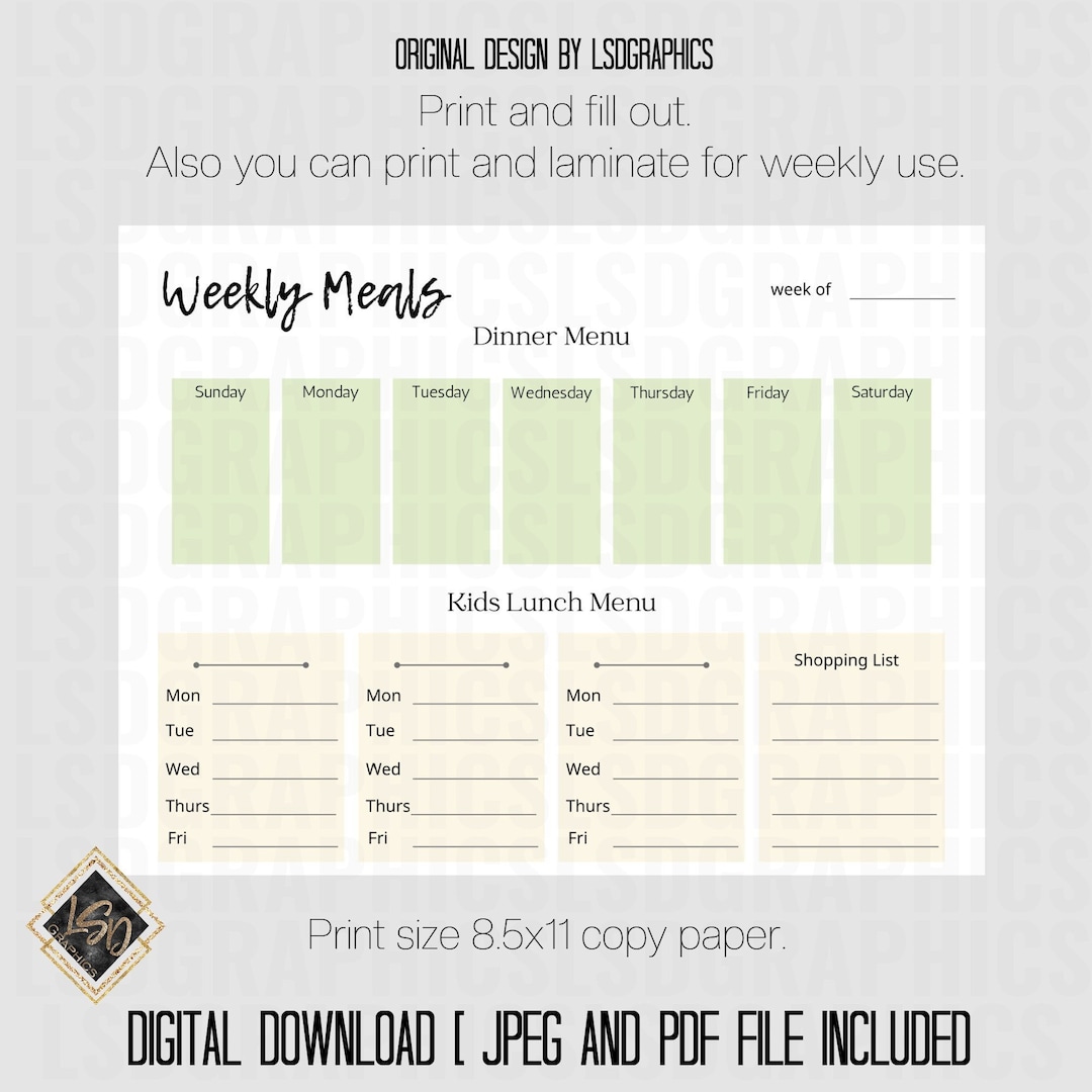 Three Kids Weekly Meal Plan| Weekly Schedule| Digital Download Schedule ...