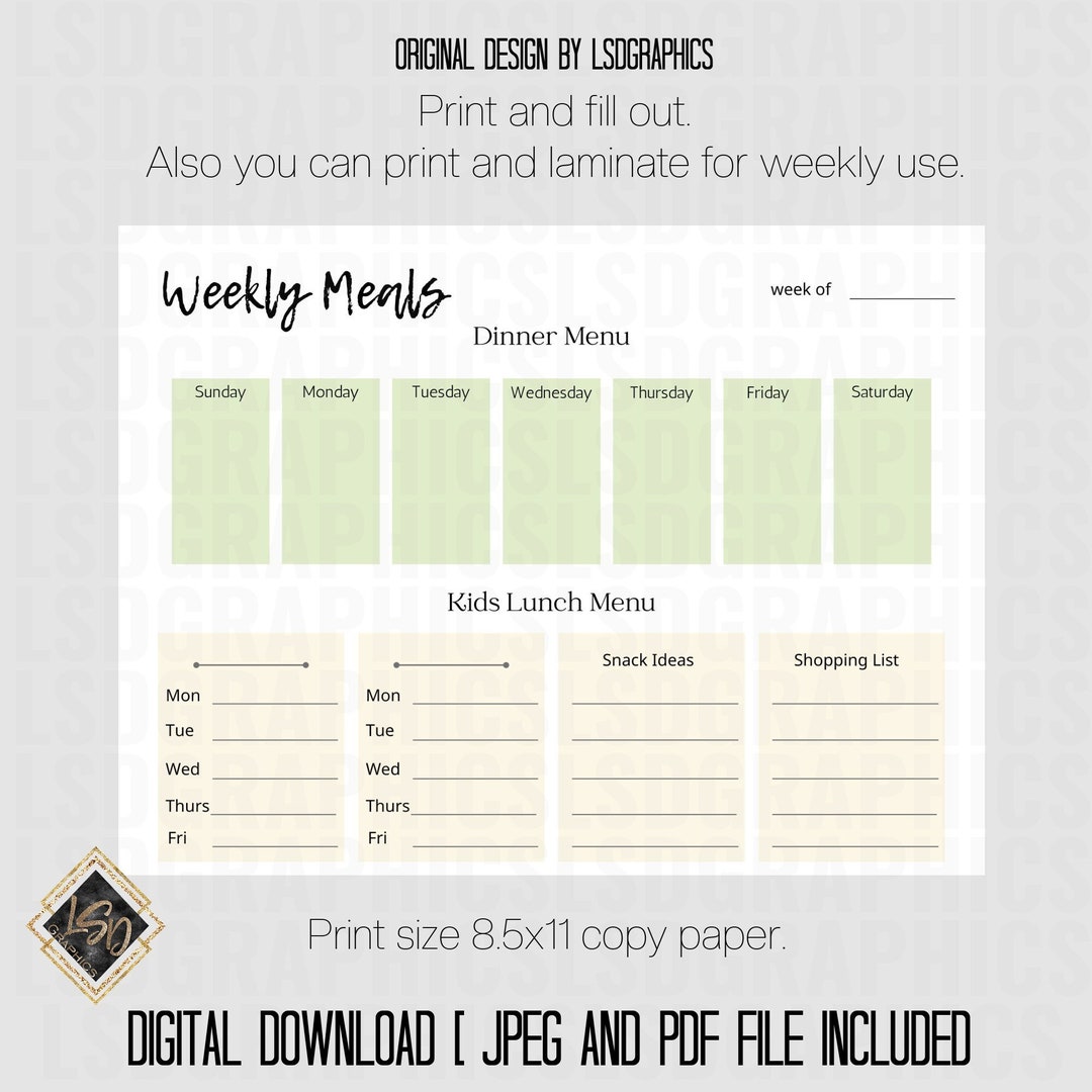 Two Kids Weekly Meal Plan| Weekly Schedule| Digital Download Schedule ...