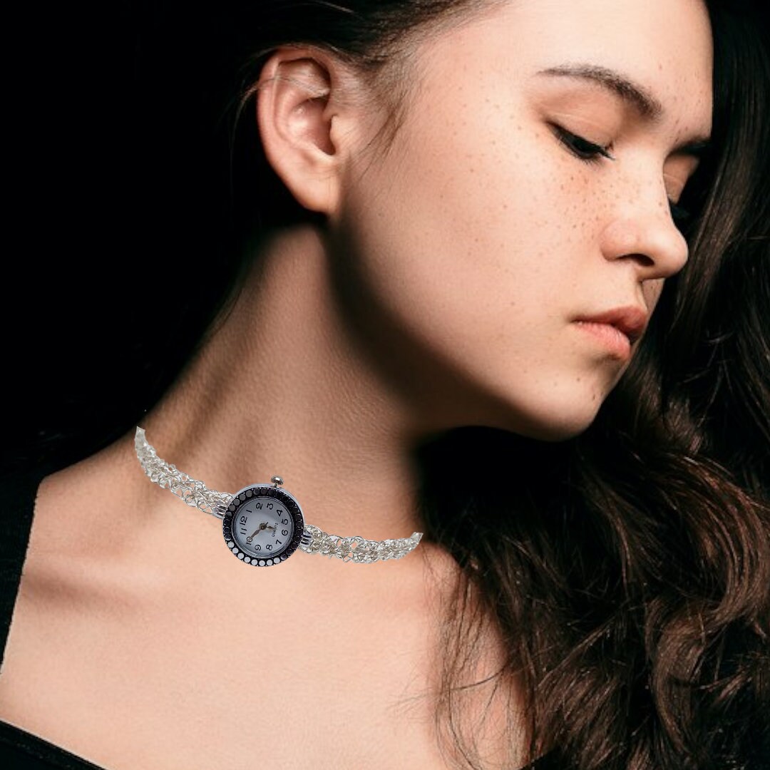 Silver Plated Watch Choker Collar Necklace watchlish. Filigree Neckwear ...