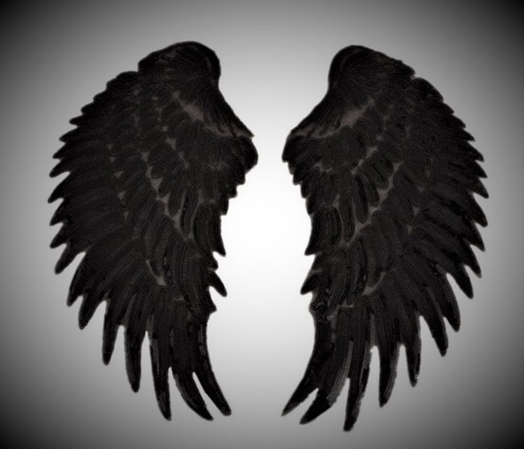 Large Black Sequin Iron on Angel Wing Appliques Hot Fix Mirror Pair Set ...