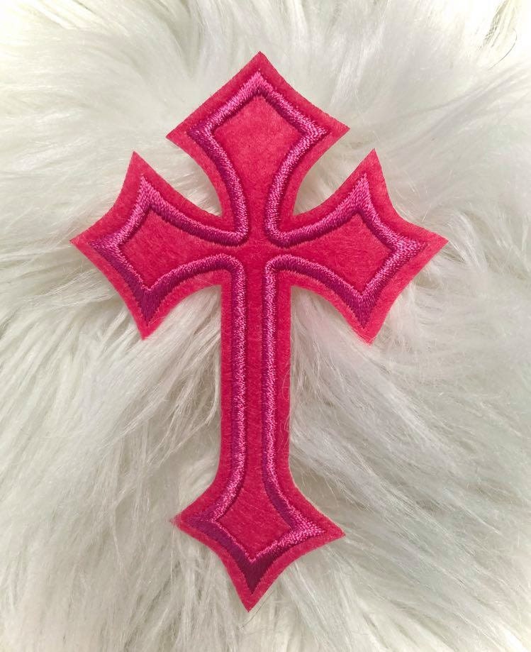 Fuchsia Pink Velvet Embroidered Iron on Cross Applique - Etsy