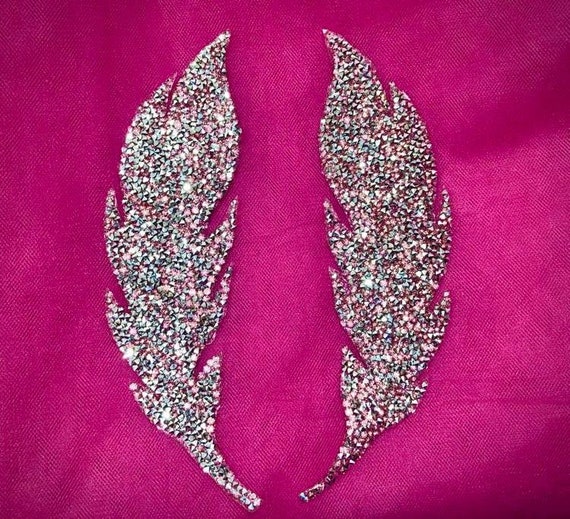 Silver Pink Crystal Rhinestone Feather Appliques Mirror Pair | Etsy