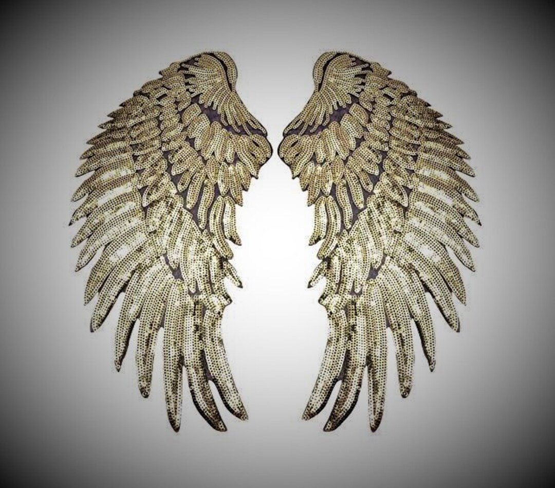 Large Gold Sequin Iron on Angel Wing Appliques Hot Fix Set of 2 Mirror ...