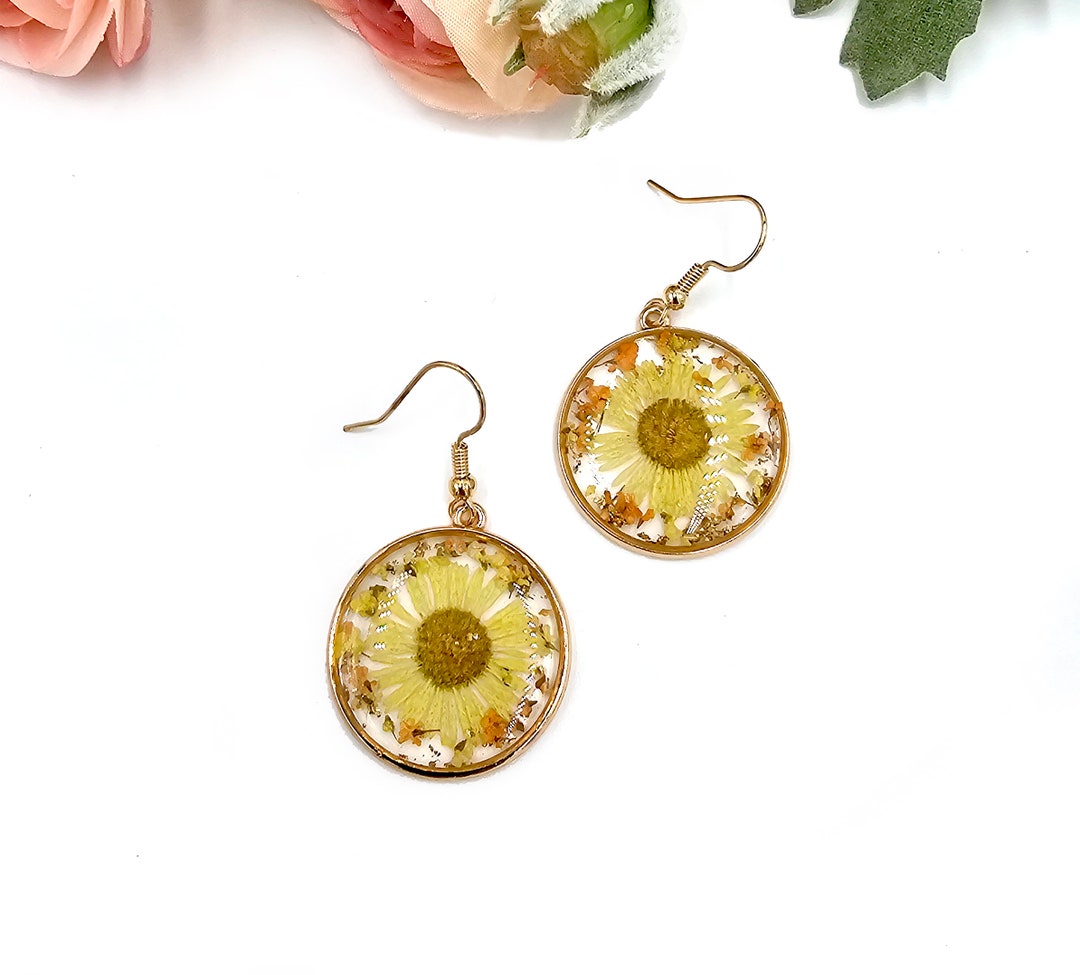 Pressed Yellow Flower Botanical Circle Dangle Earrings Natural Jewelry ...
