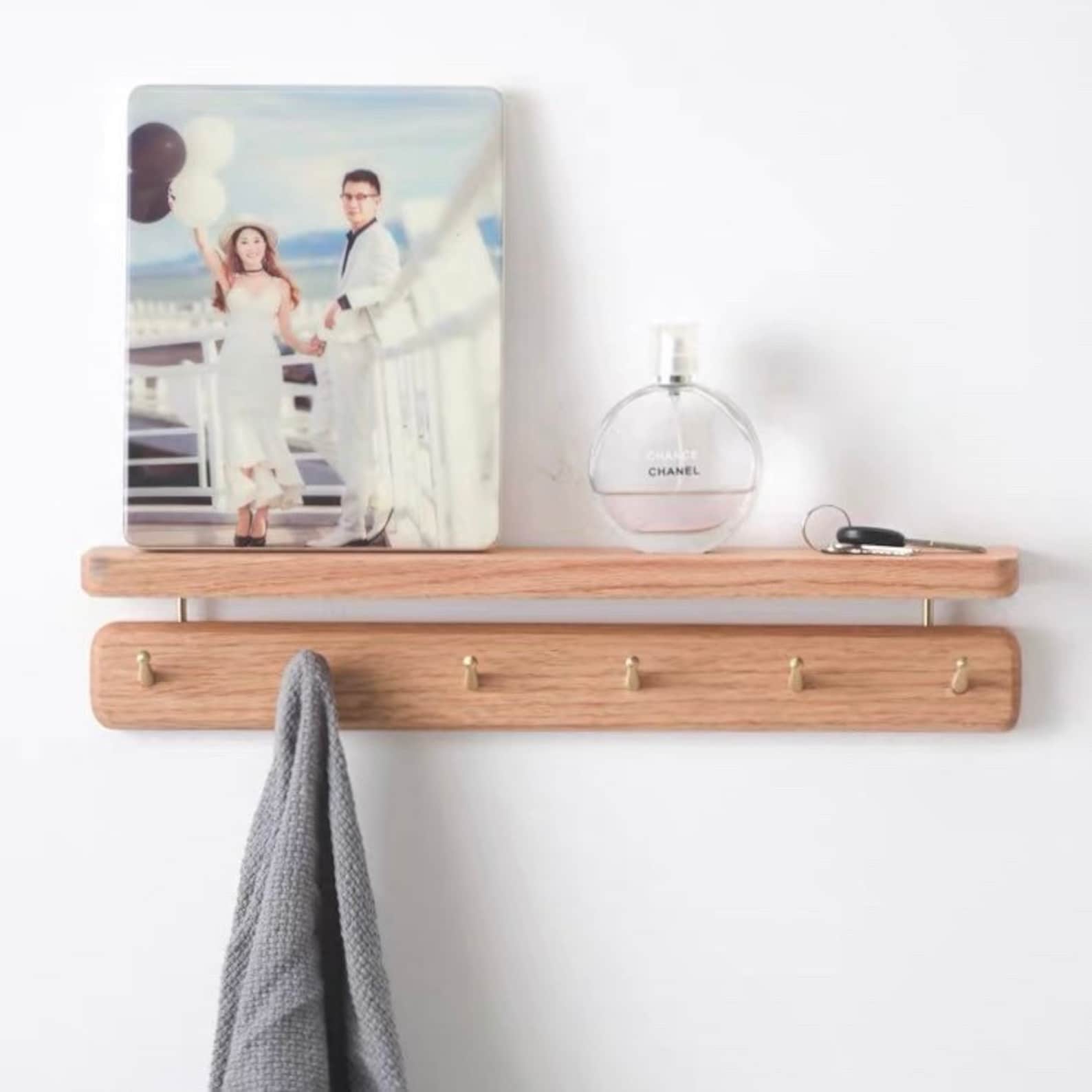 Walnut Wooden Wall Shelf + Hangers / Coat Racks With Brass Details, Red ...