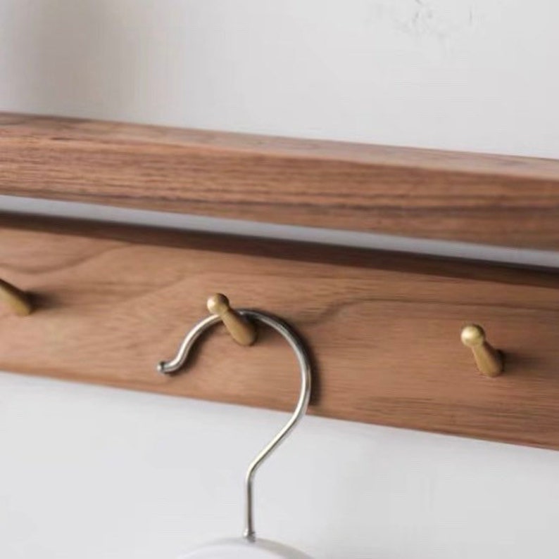 Walnut Wooden Wall Shelf + Hangers / Coat Racks With Brass Details, Red ...