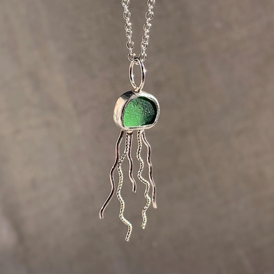 Sea Glass Jellyfish Necklace, Jellyfish Necklace, Silver Sea Creature ...