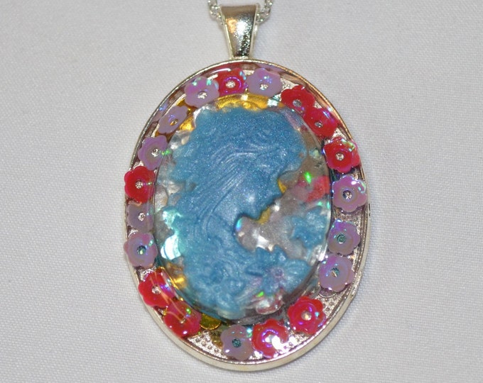 Unique Cameo Pendant, Modern Cameo, Floral Cameo, Glitter Cameo, Blue ...