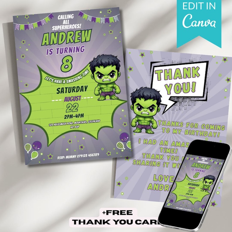 Editable Hulk Birthday Invitation: Comic Superhero Party, Printable ...