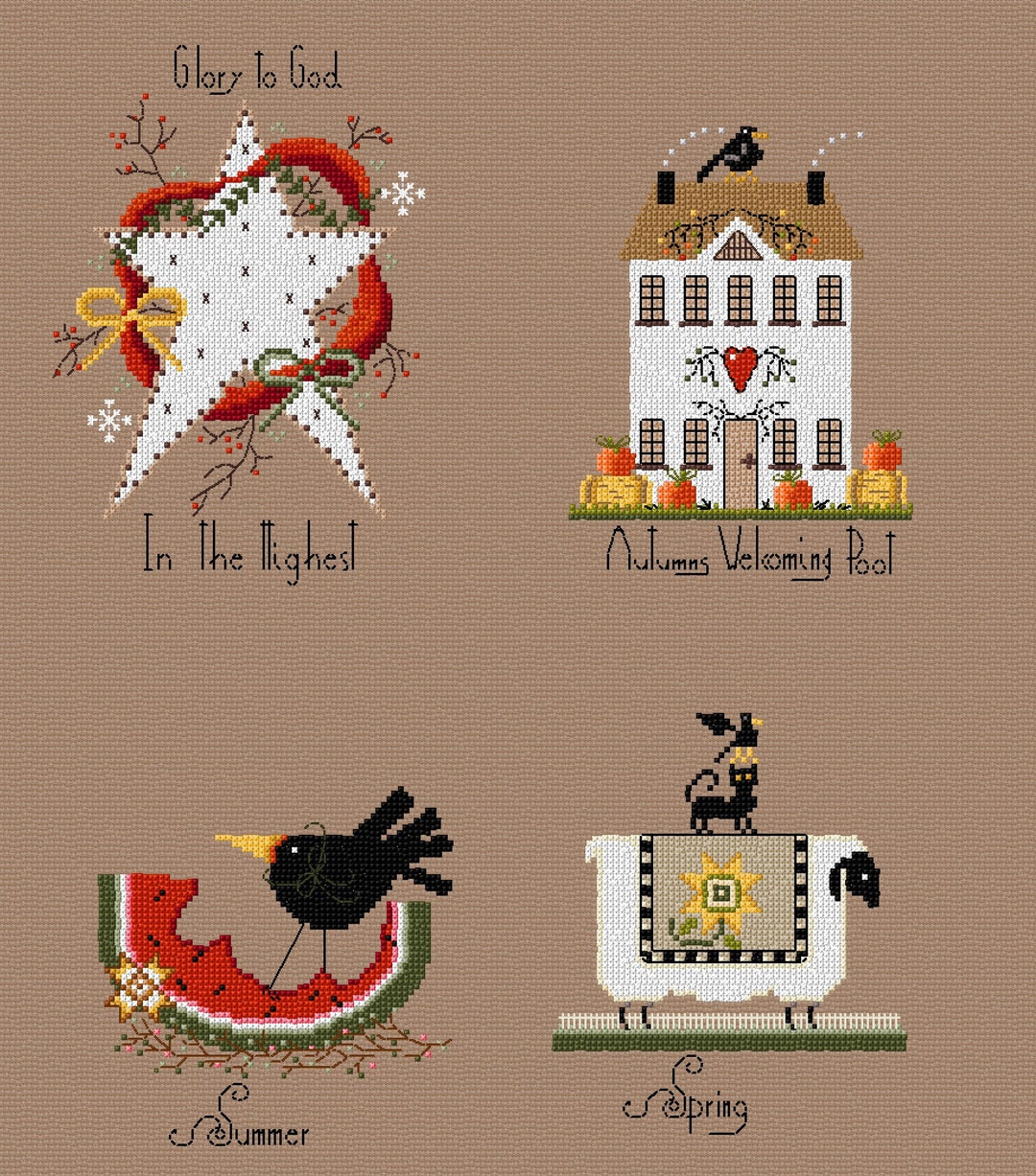 Cross Stitch Pattern Four Seasons, Seasons Embroidery, Primitive ...