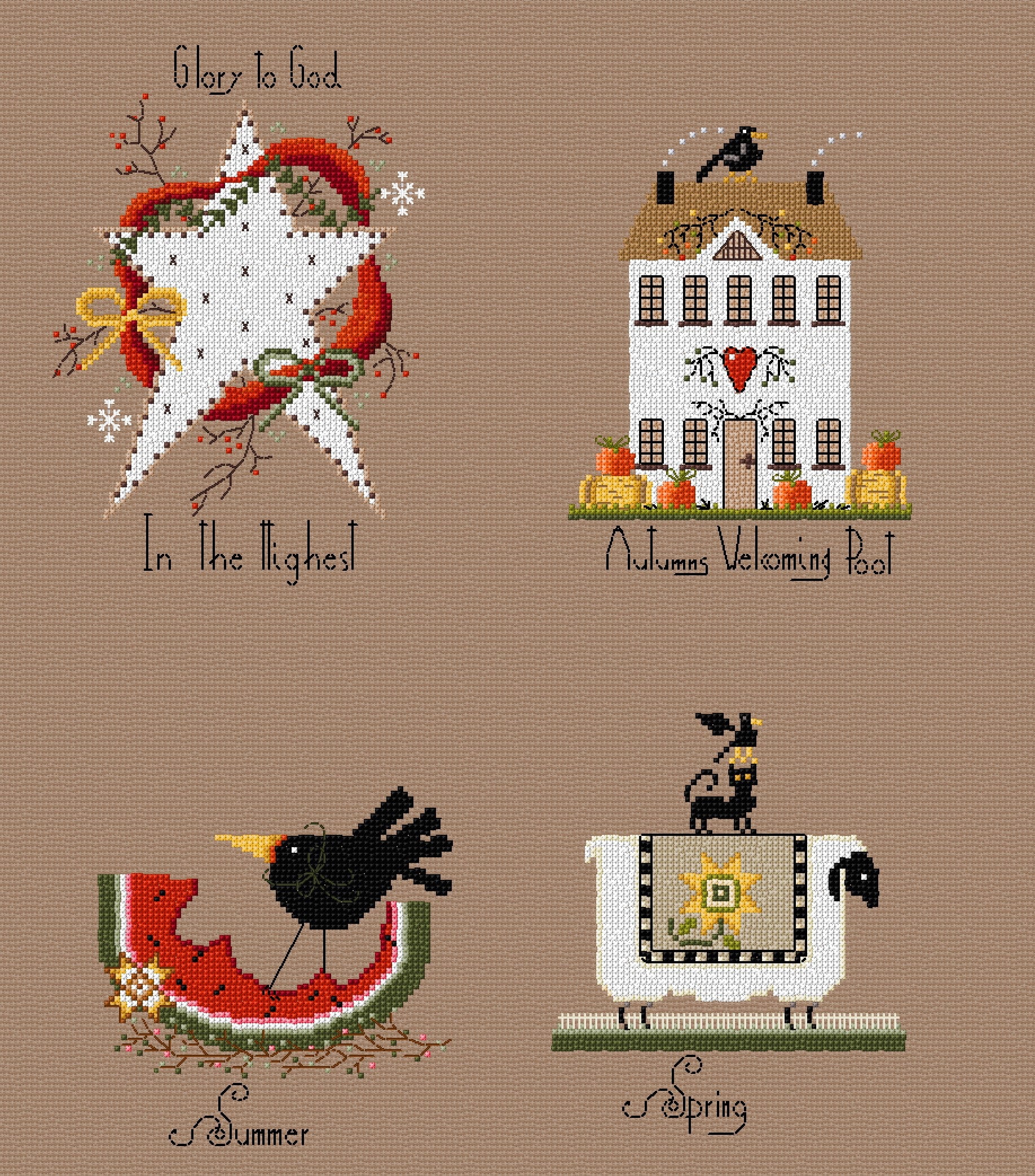 Cross Stitch Pattern Four Seasons, Seasons Embroidery, Primitive ...