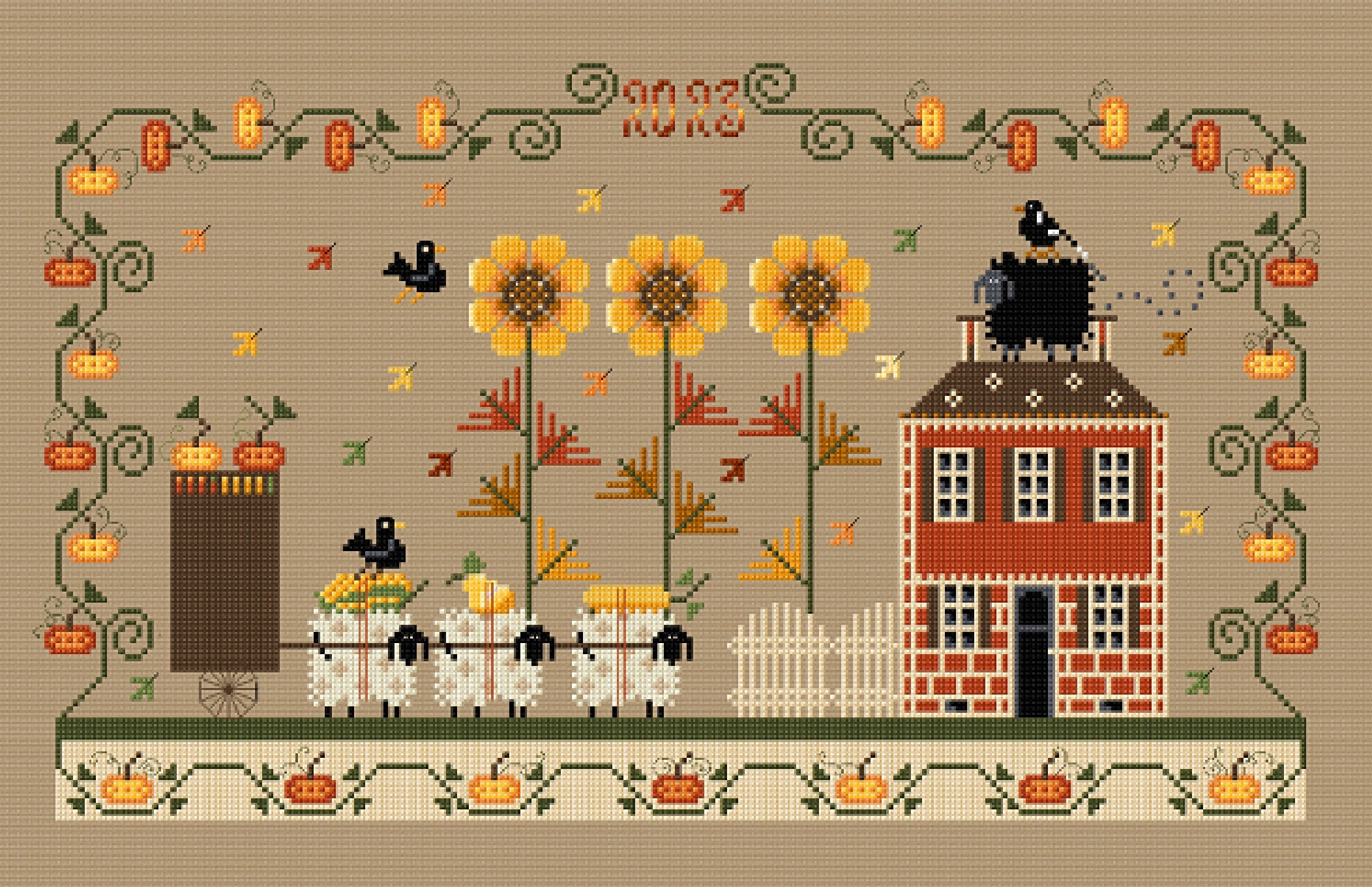 PDF Cross Stitch Pattern With Rustic Farmhouse in Autumn With Pumpkin ...