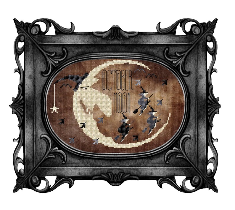 October Moon - Primitive Cross Stitch - Vintage Cross Stitch Pattern in ...