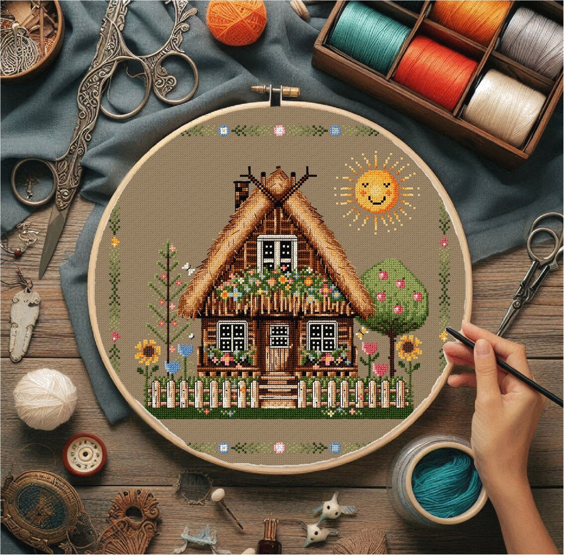 "country Cottage" Cross Stitch Pattern - Rustic Landscape Cross Stitch ...