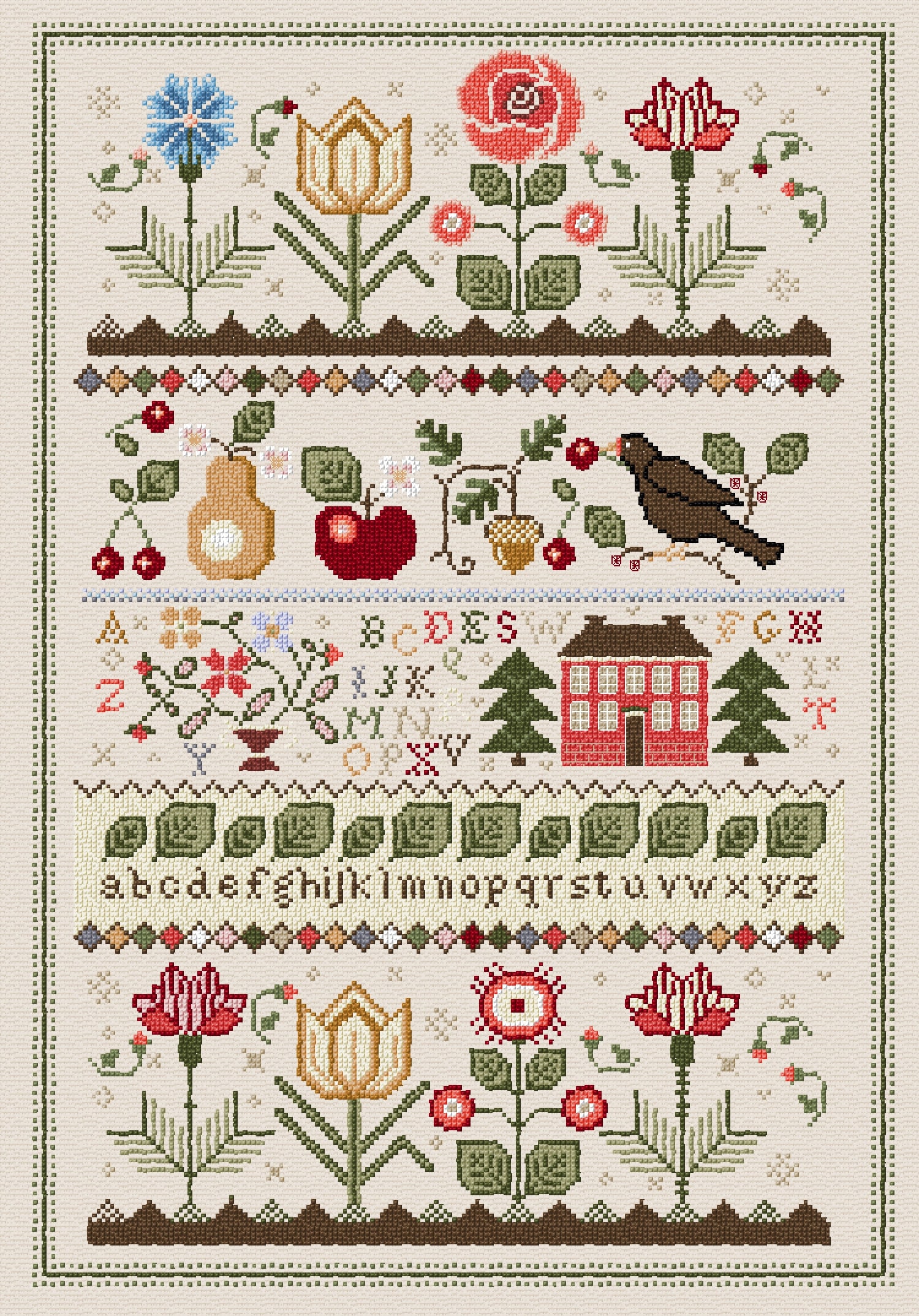 Cross Stitch Sampler Chart With Flowers Fruit and Leaves - Etsy