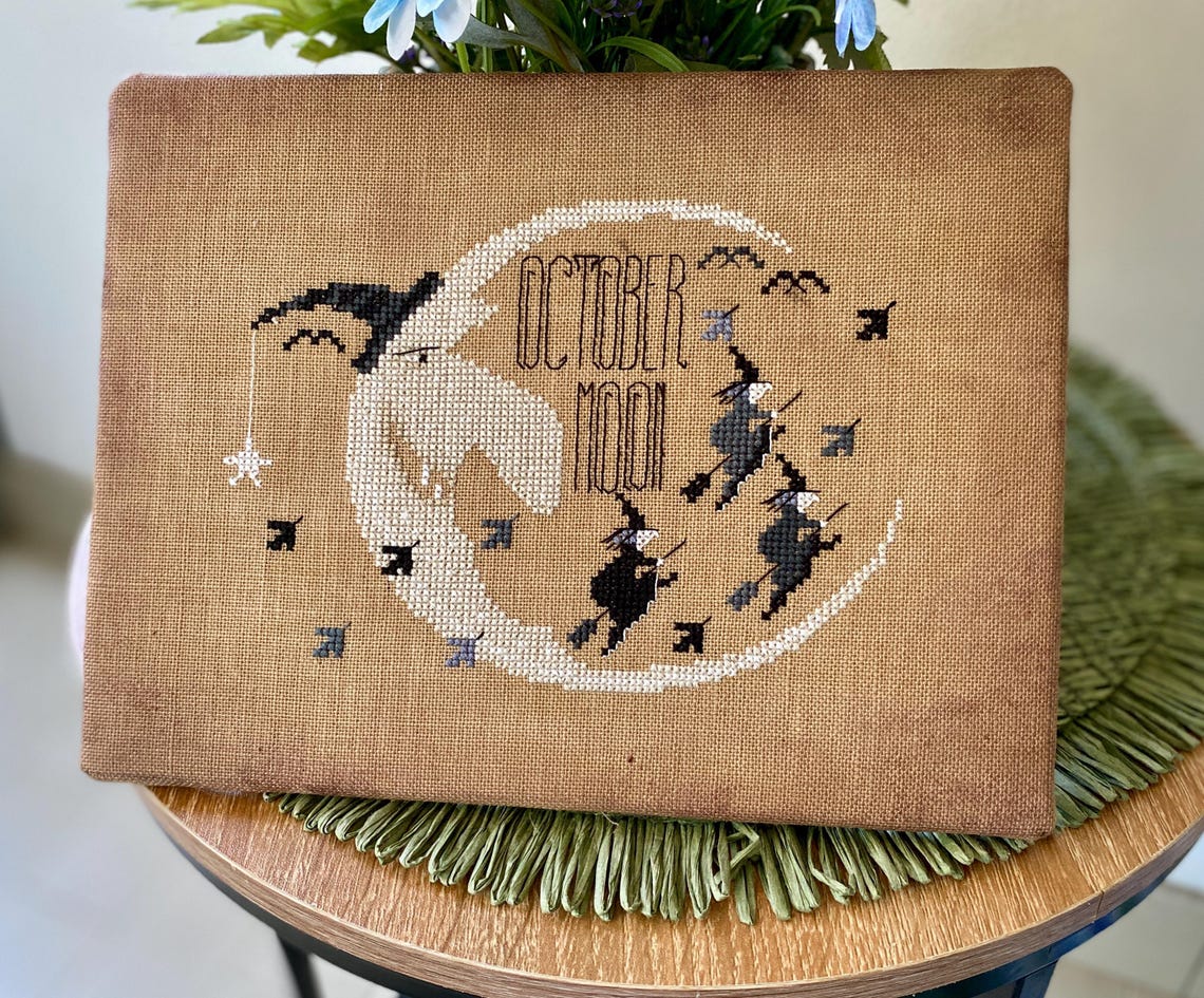 October Moon - Primitive Cross Stitch - Vintage Cross Stitch Pattern in ...