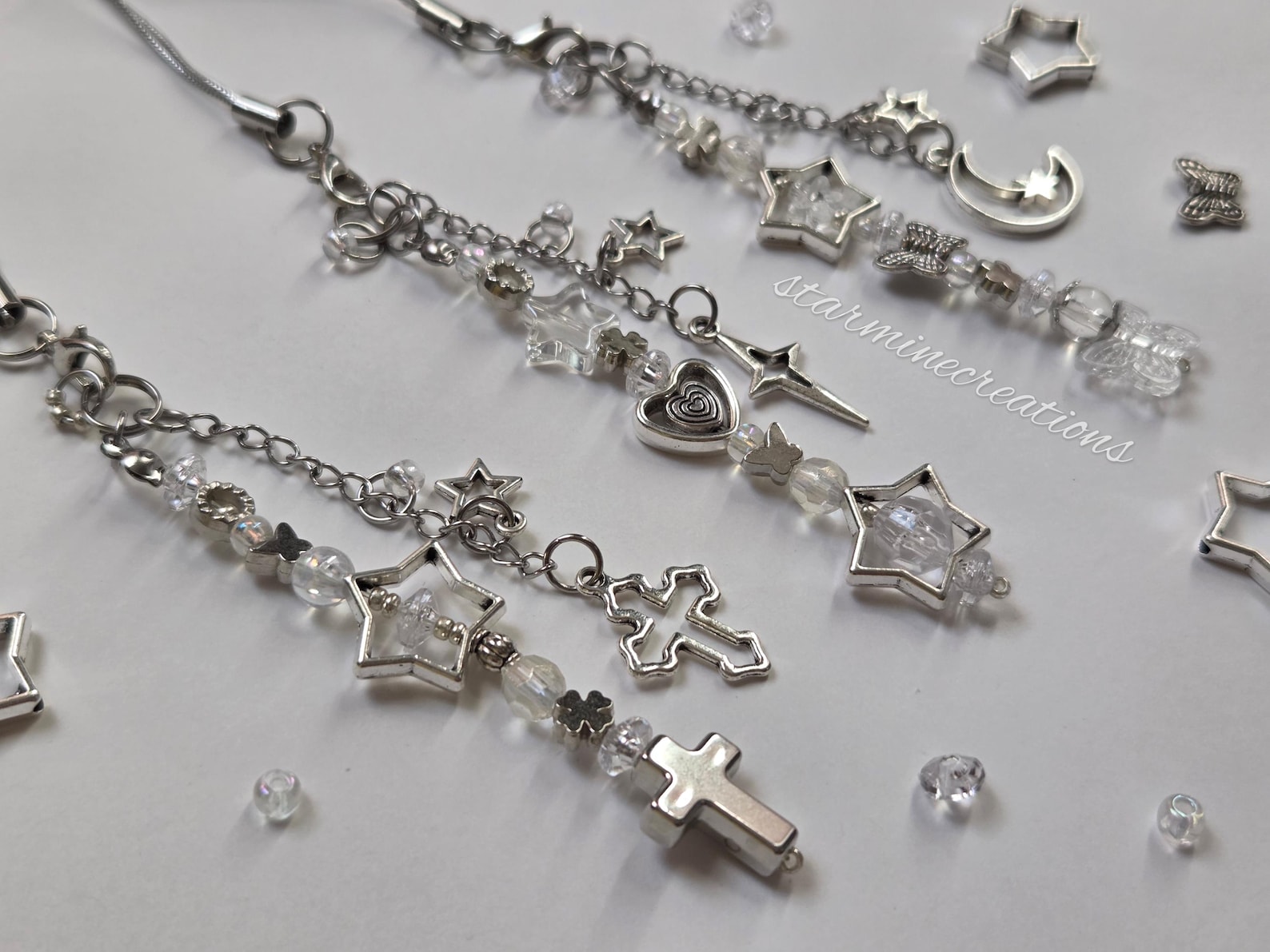 Cyber Stars 2 Phone Straps ~ Beaded Keychain Clear Silver Alt Gothic ...