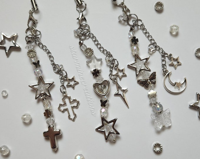 Cyber Stars Phone Straps ~ Beaded Keychain Clear Silver Alt Gothic Y2k ...