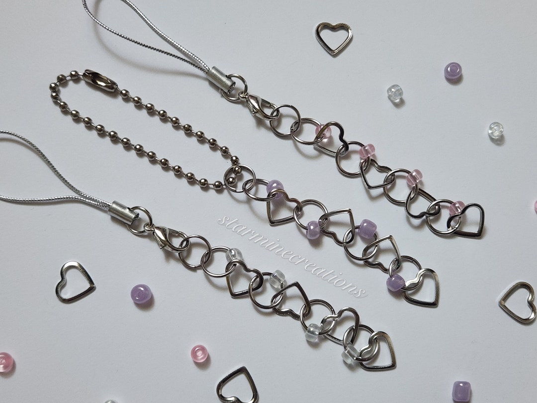 Heart Chain With Beads Phone Strap Beaded Keychain Charm Cute Girly ...