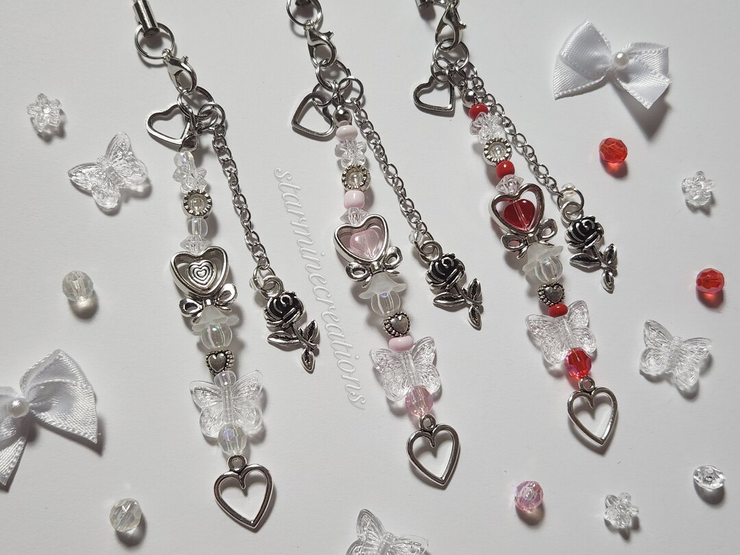 Sweet Hearts Phone Straps ~ Beaded Keychain Charm Chain Clear Pink Red ...