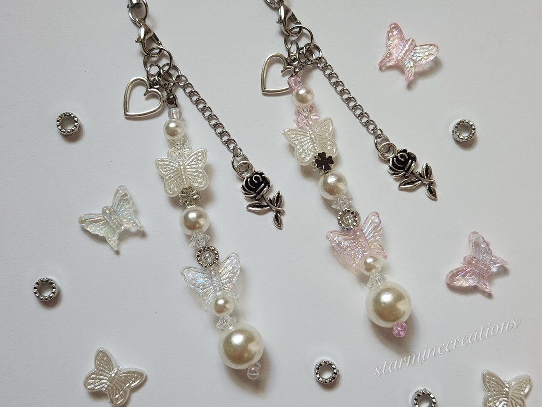 Pearly Butterflies Phone Strap Keychain Charm Journal Cute Girly Kawaii ...