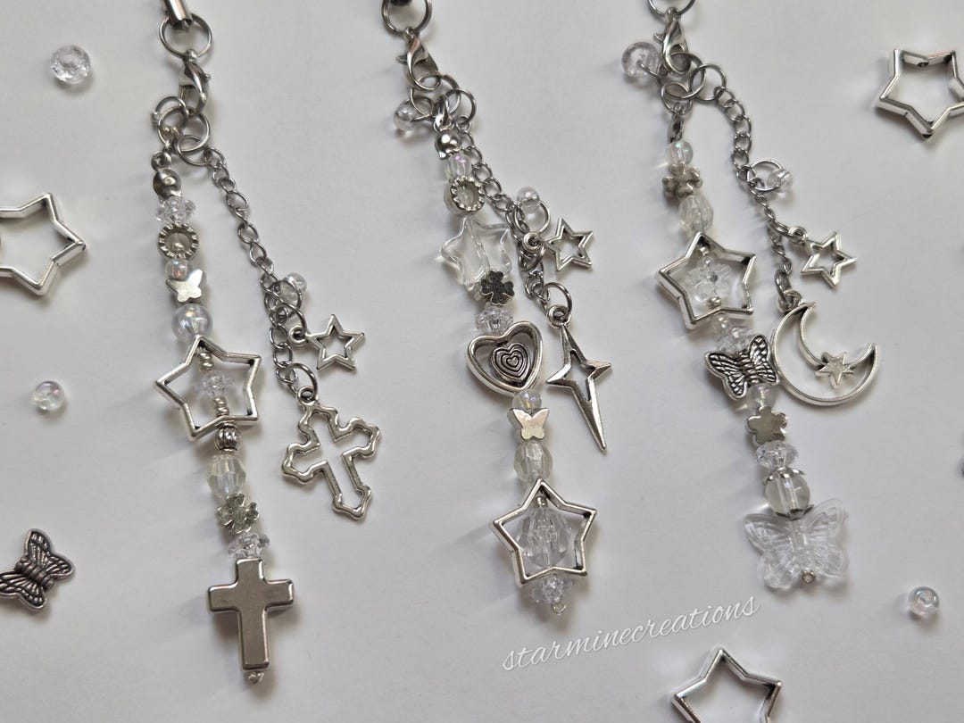 Cyber Stars 2 Phone Straps ~ Beaded Keychain Clear Silver Alt Gothic ...