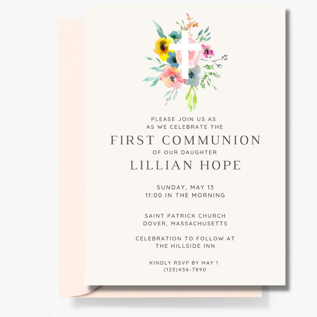 Floral Cross Invitation Printable, Customized Digital File First ...