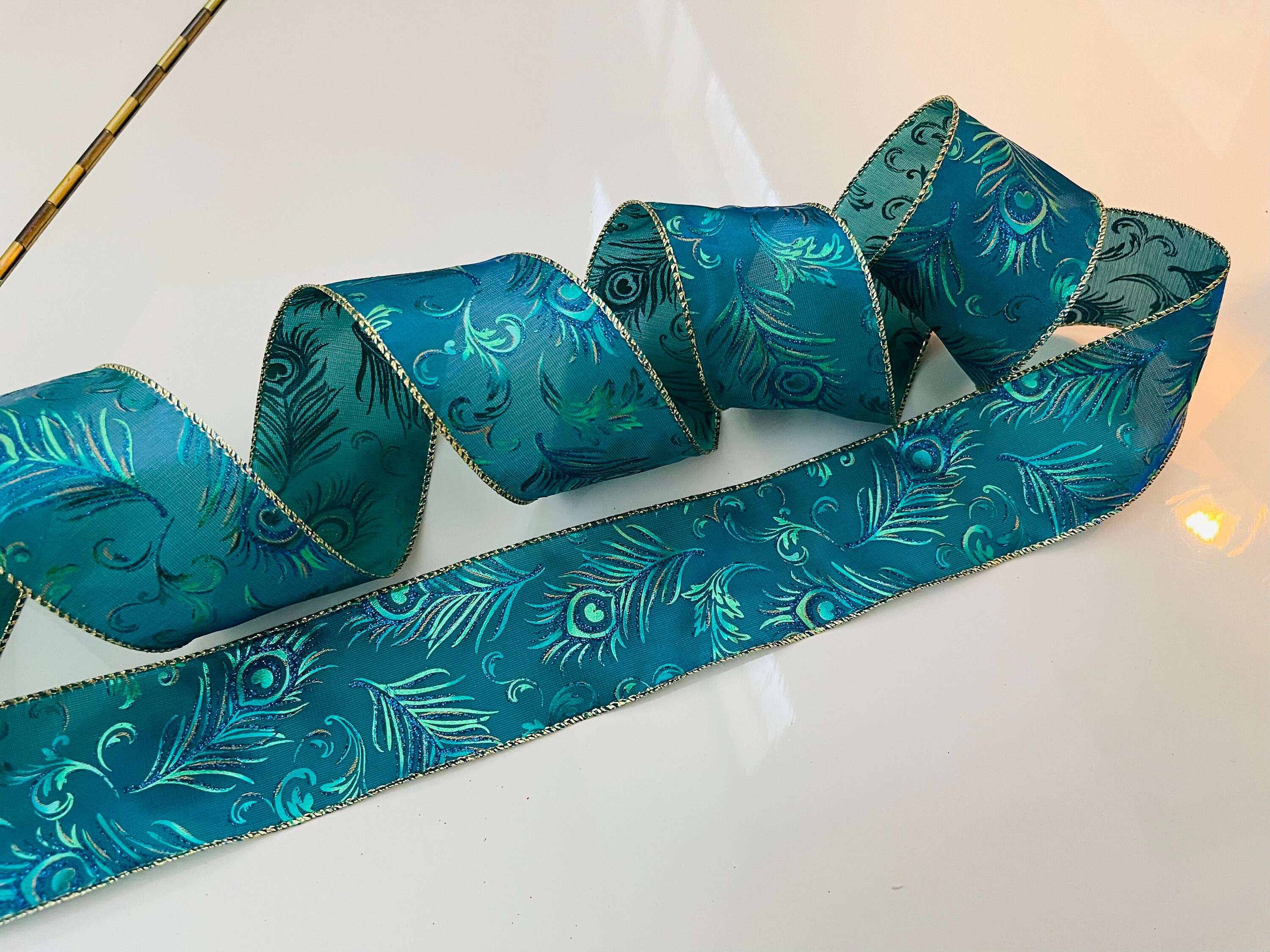 2.5 Peacock Feather Pattern Teal Sparkle Ribbon With Wired - Etsy