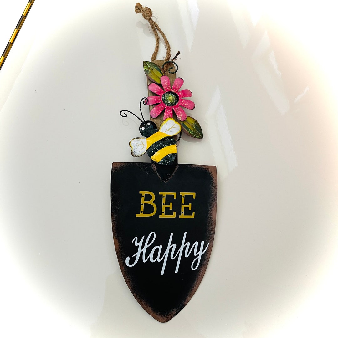 13.5” Bee Happy Metal Shovel Wreath Sign: Black, Yellow, Pink, & White ...