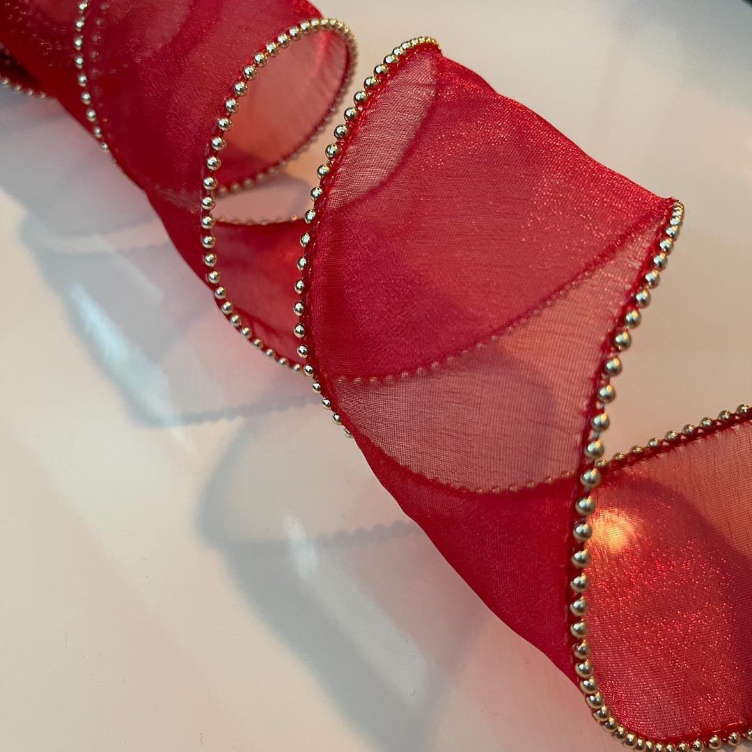 2.5 Sheer Red Wired Ribbon With Gold Beaded Edge Sold by the Yard - Etsy