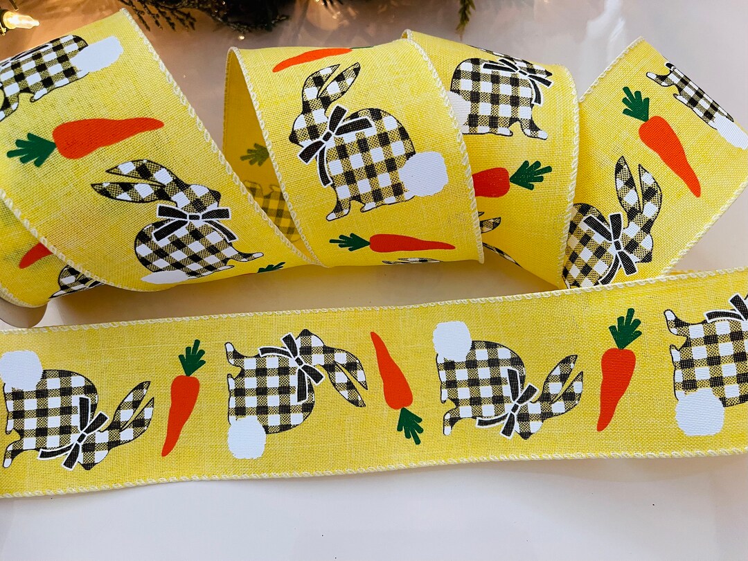 10 Yard Roll - 2.5" Yellow Wired Ribbon With Gingham Cottontail Bunnies ...