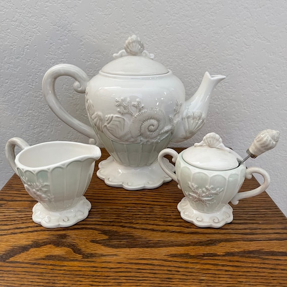 Vintage Ceramic Seashell Teapot Creamer & Sugar Dish Set | Etsy