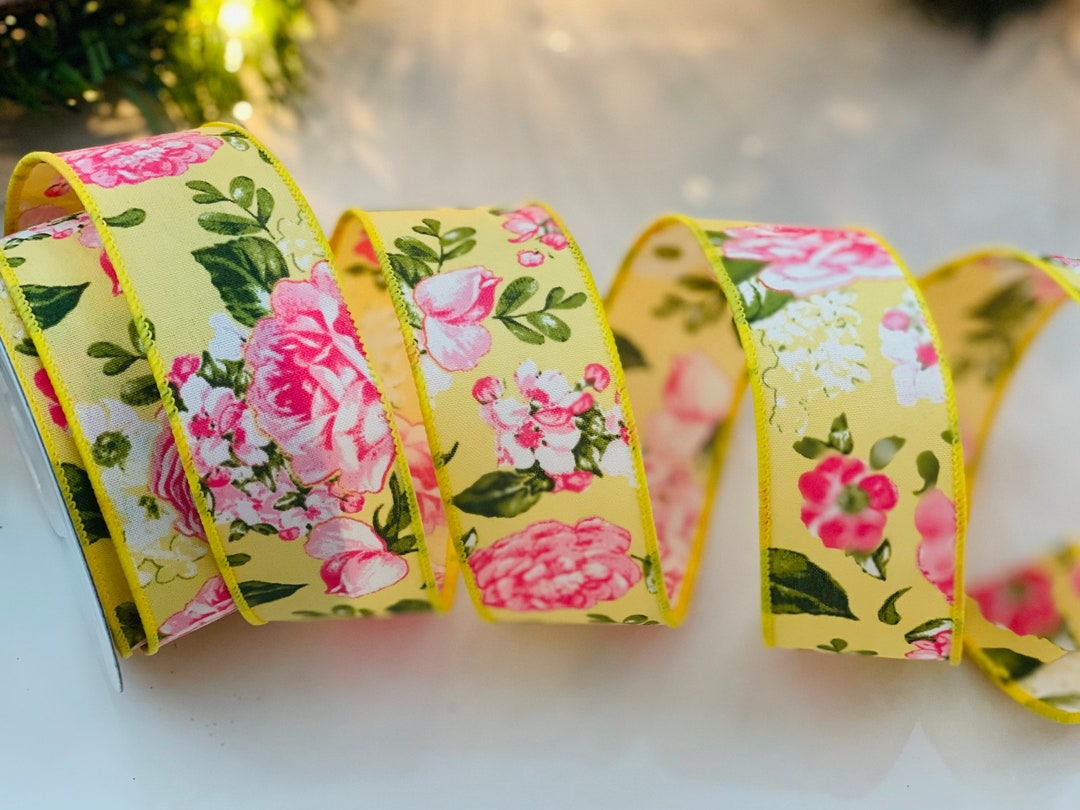 1.5 Yellow Wired Ribbon With Pink Flowers Perfect for Gift Wrapping ...