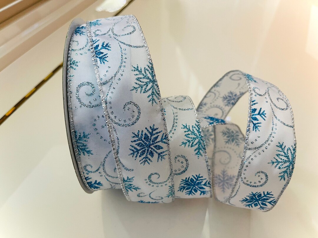 1.5” Blue Glitter Frosted Snowflake Wired Ribbon #362 - Sold by the ...