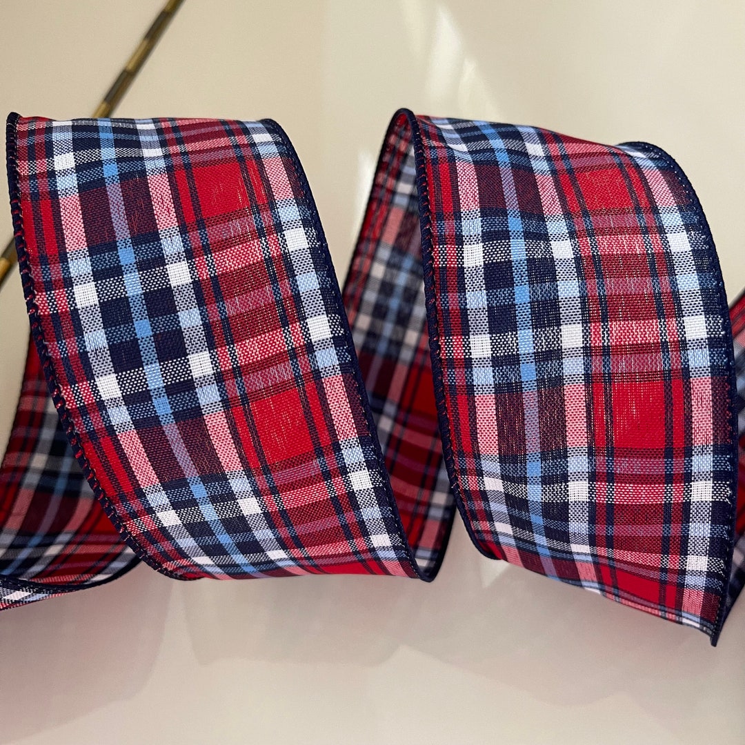 2.5 Red, White, & Blue Plaid Wired Ribbon Sold by the Yard - Etsy