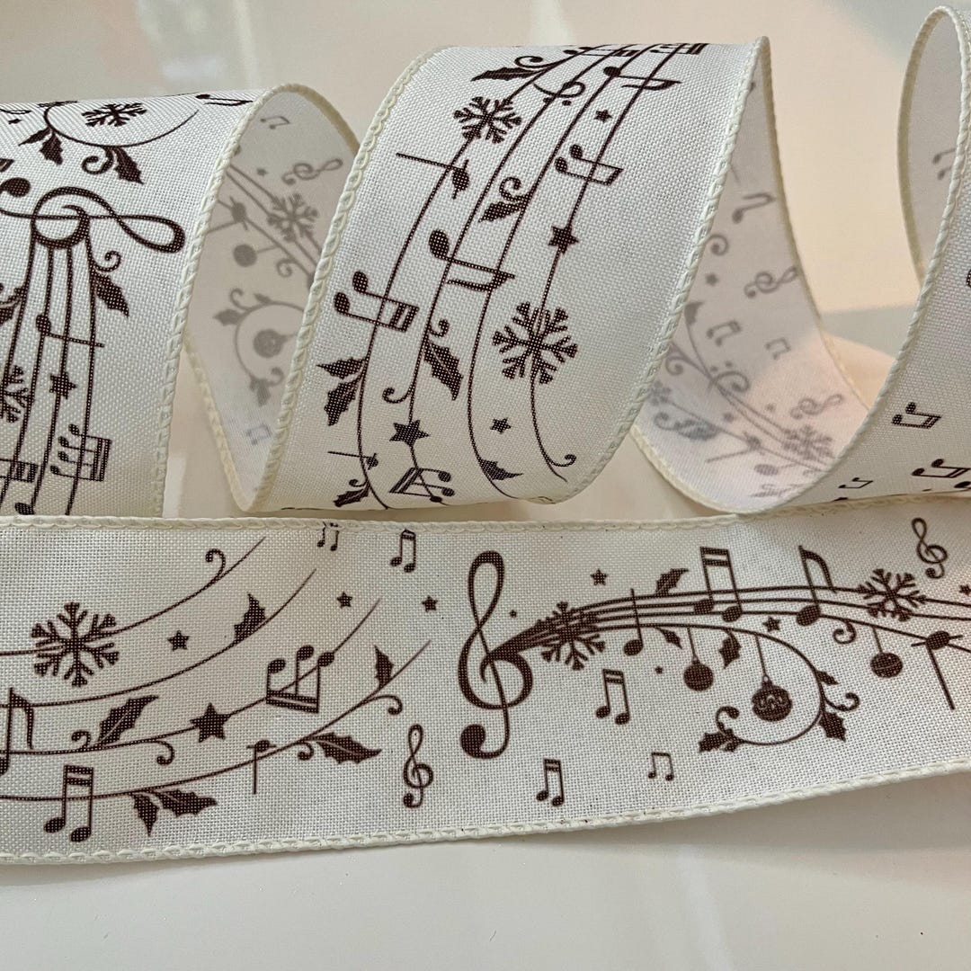 2.5” Christmas Music Note Wired Ribbon: Cream & Brown #674 - Sold by ...