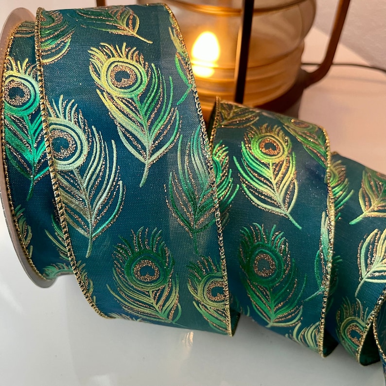 2.5” Peacock Gold Glitter Feather Pattern Teal Ribbon With Wired Edge ...