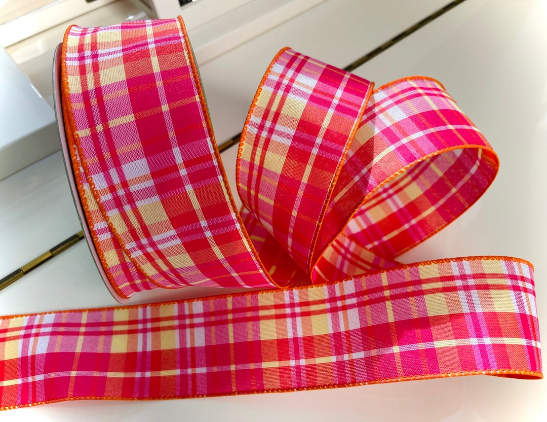 2.5” Pink, Orange, & Yellow Plaid Wired Ribbon #634 - Sold by the Yard ...