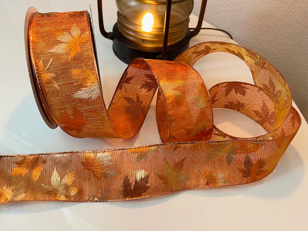 2.5" Sheer Rustic Orange Fall Leaves Wired Ribbon #522 - Sold by the ...