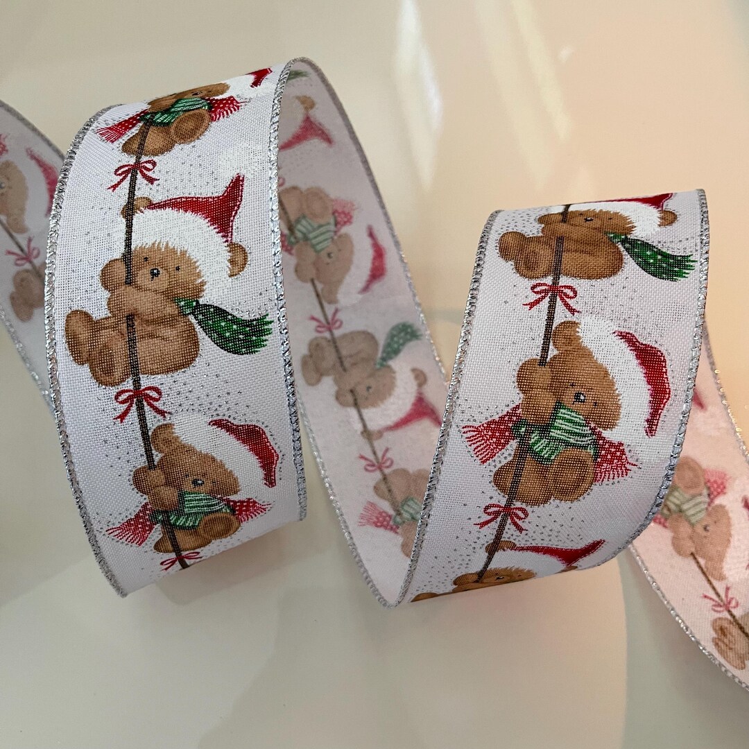 2.5” Christmas Teddy Bears Wired Ribbon: Red, Green, Brown, White ...