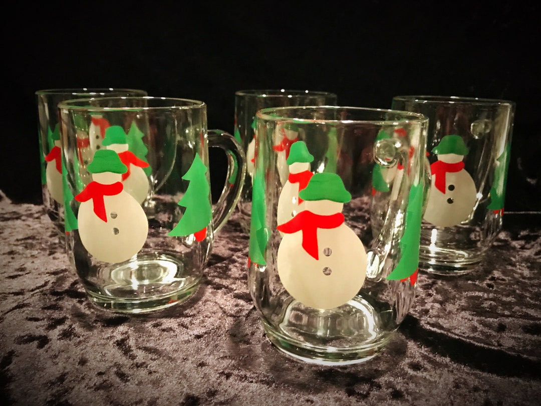 Set of 5 Snowmen & Trees Vintage Glass Cups - Etsy