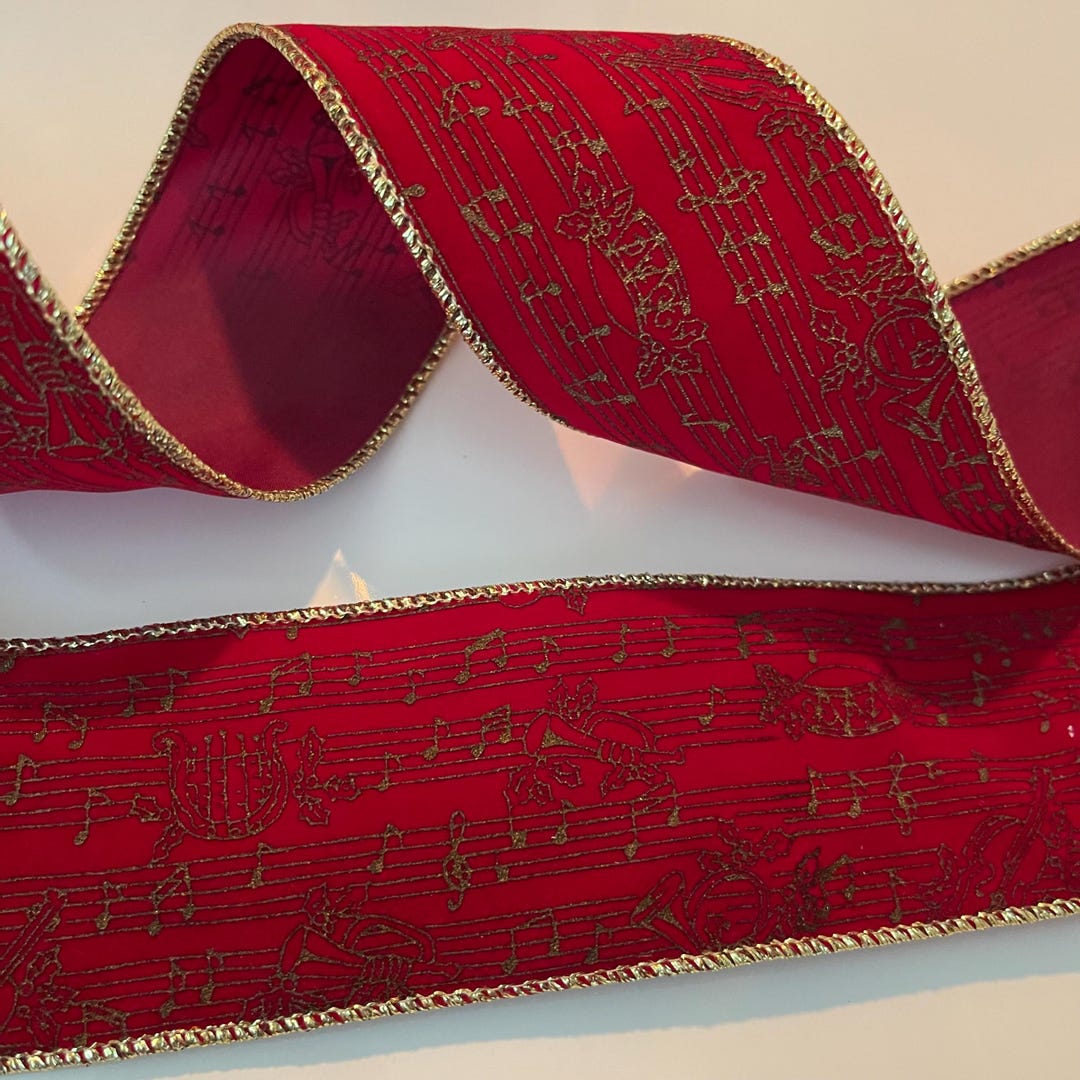 2.5” Vintage Red Velvet & Gold Music Note Wired Ribbon - Sold by the ...